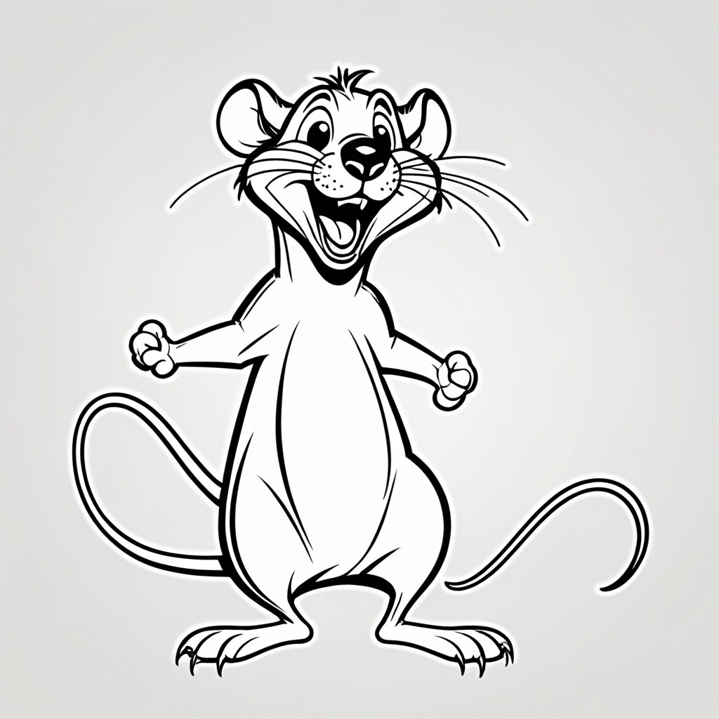 simple line drawing of cartoon Pixar style happy, excited cane rat ...