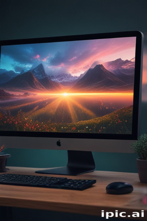 Stunning Sunset Over Majestic Mountains Displayed on a Modern Computer ...