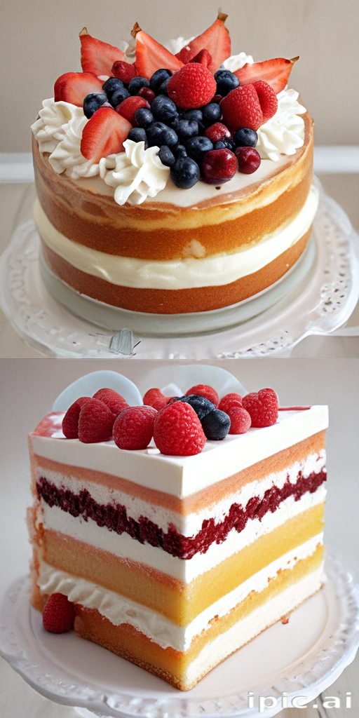Delicious Layered Cake Topped with Fresh Berries and Whipped Cream.