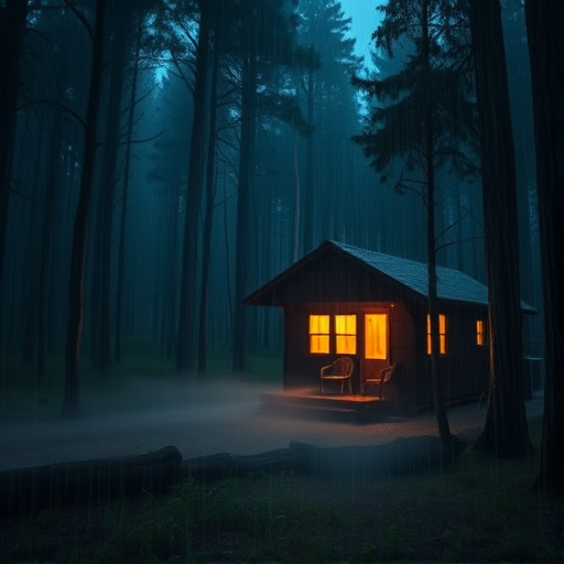 Cozy Cabin Glowing in the Misty Forest During a Rainy Night