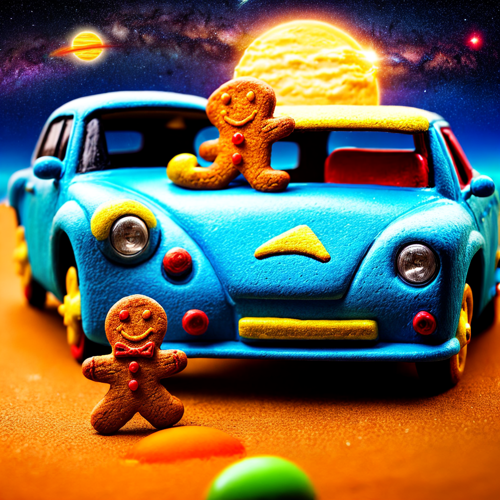 gingerbread man on car, gingerbread house, space, sun, retrowave style