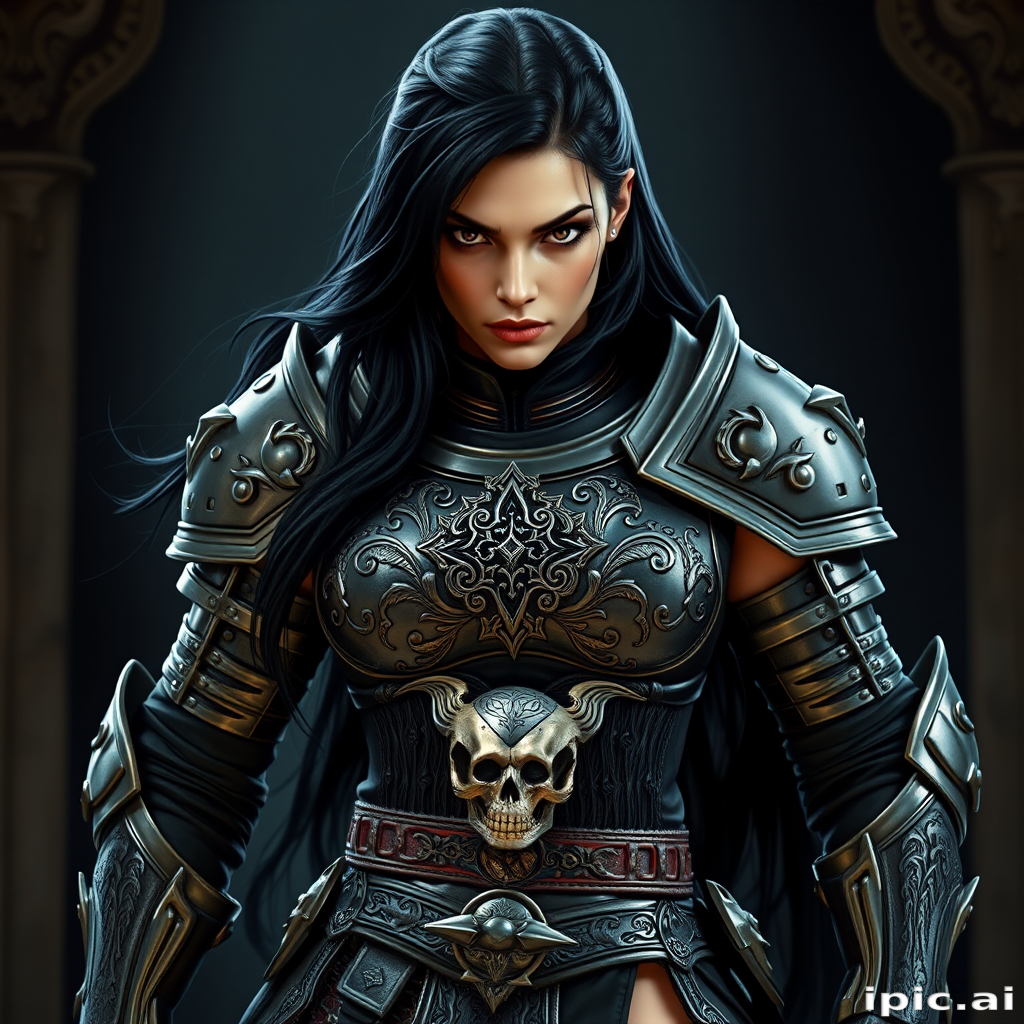 Fierce Warrior Woman in Ornate Armor with Skull Emblem Staring Intently
