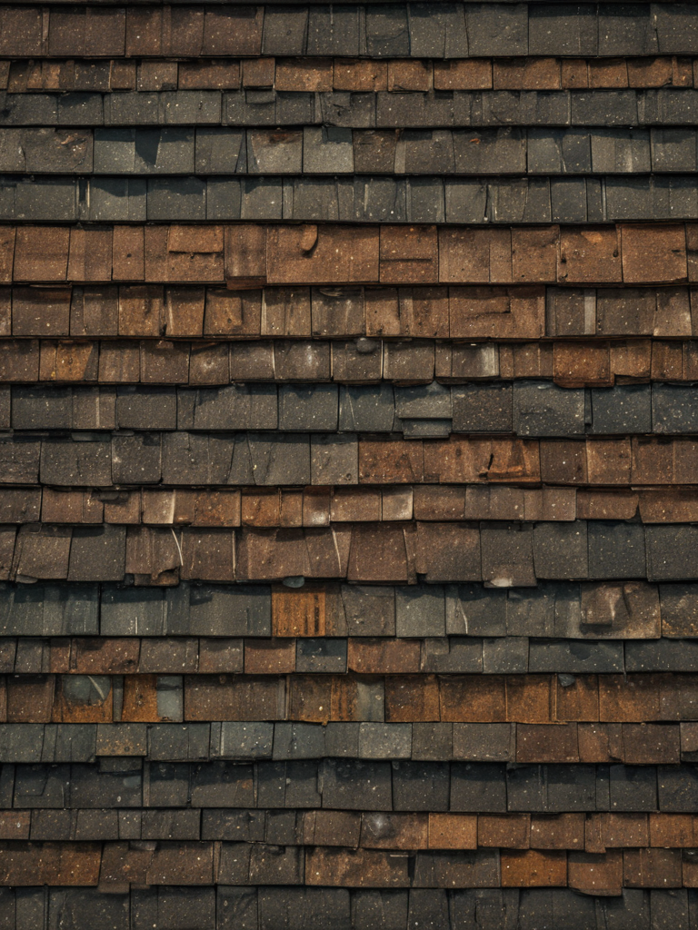 Close-Up View of Weathered Roof Shingles in Various Textures and Colors