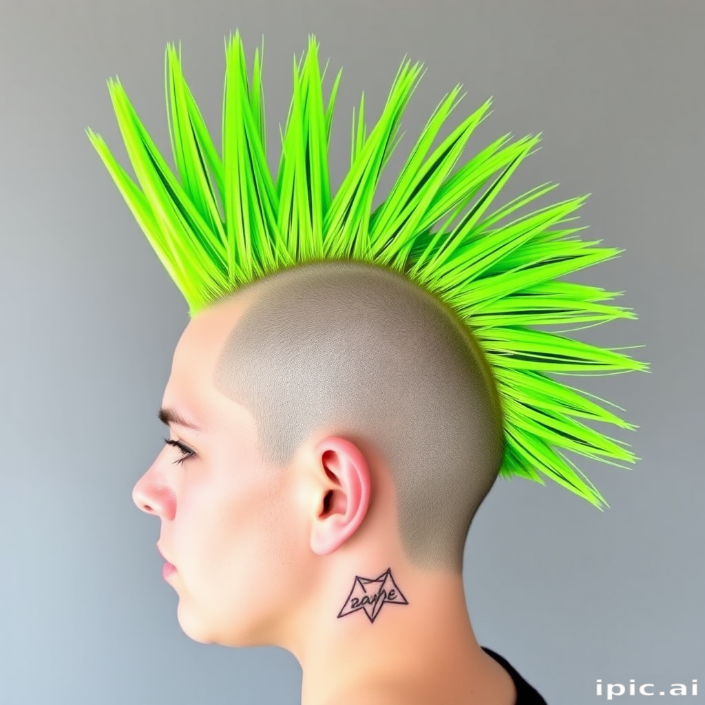 Vibrant Green Mohawk Hairstyle with Unique Tattoo and Edgy Style
