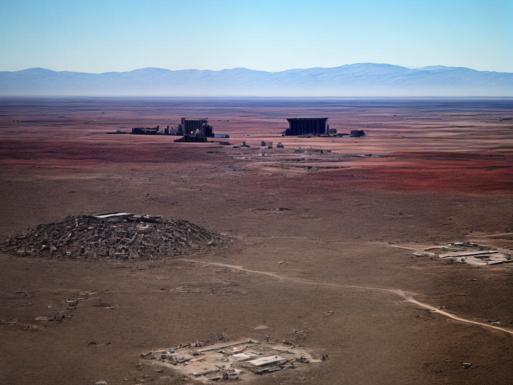 post-apocalyptic wasteland with ruins, debris, and a desolate landscape.