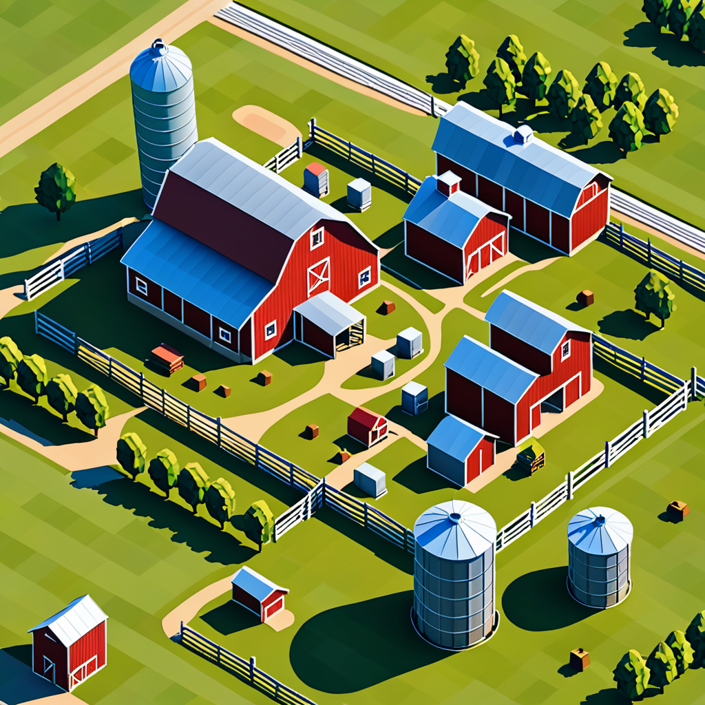 farm, birds eye view, barn, house, open area, silo, house, low poly