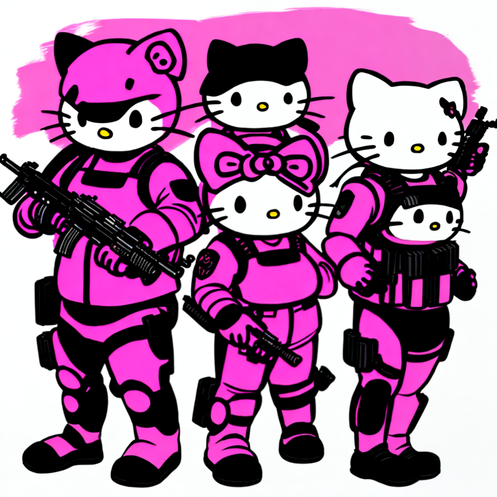 2 chubby Hello Kitty Cats in full pink agressive tactical SWAT suit ...