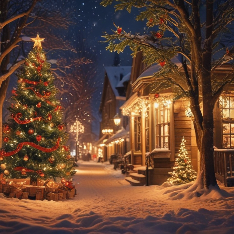 A Magical Winter Night Scene with Christmas Lights and Decorated Trees
