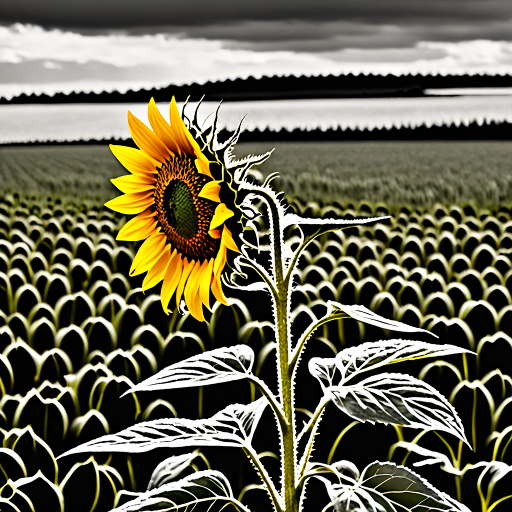 coloured sunflower in greyscale background of open field