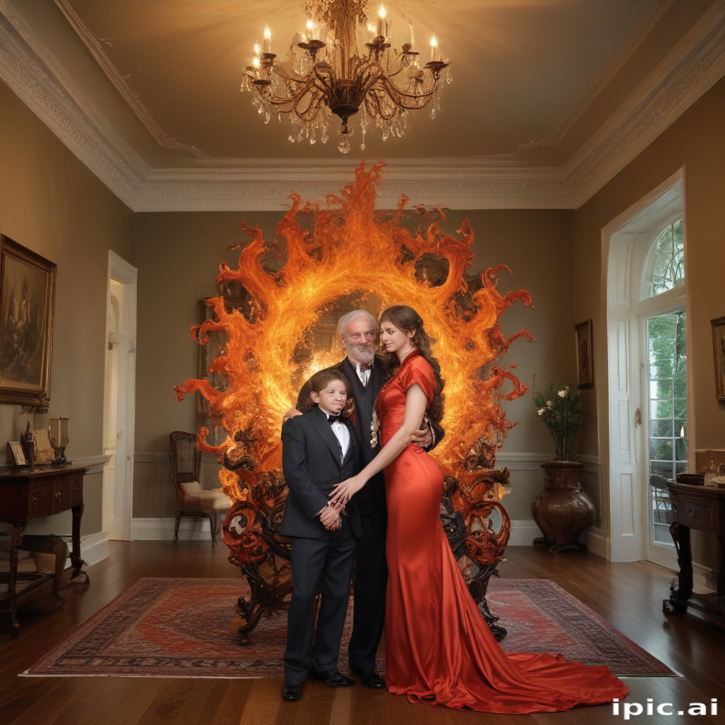 Elegant Family Portrait with Fiery Background in a Luxurious Setting