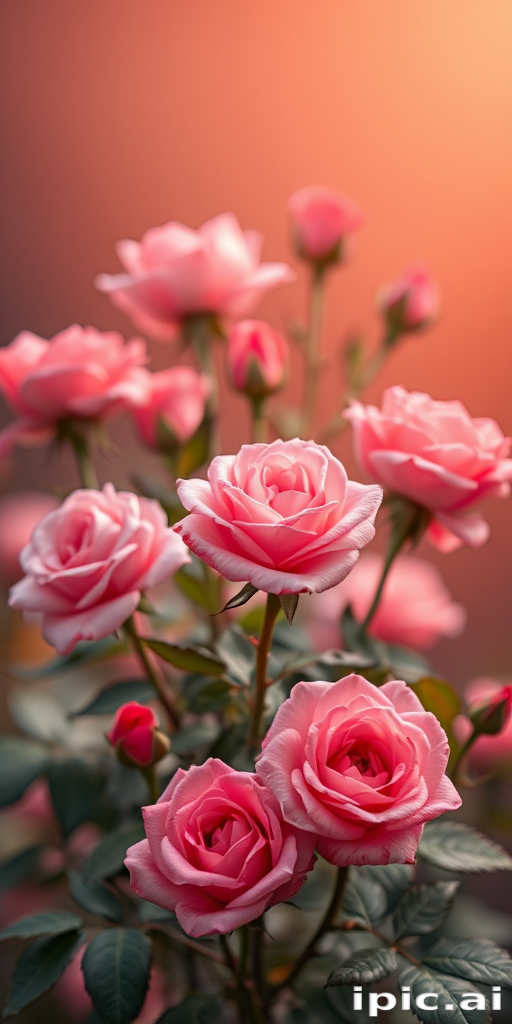 Beautiful Pink Roses Blooming in a Soft Sunset Background Garden