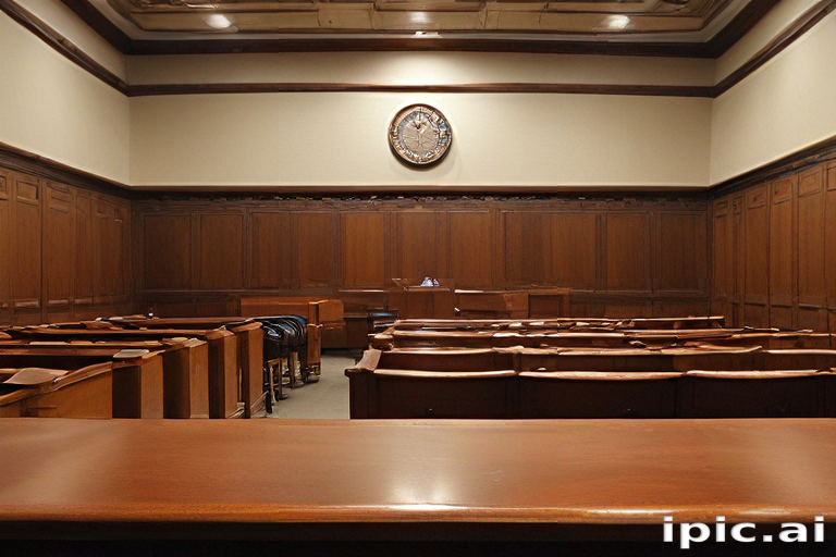 Empty Courtroom Interior with Wooden Furniture and Decorative Wall Elements