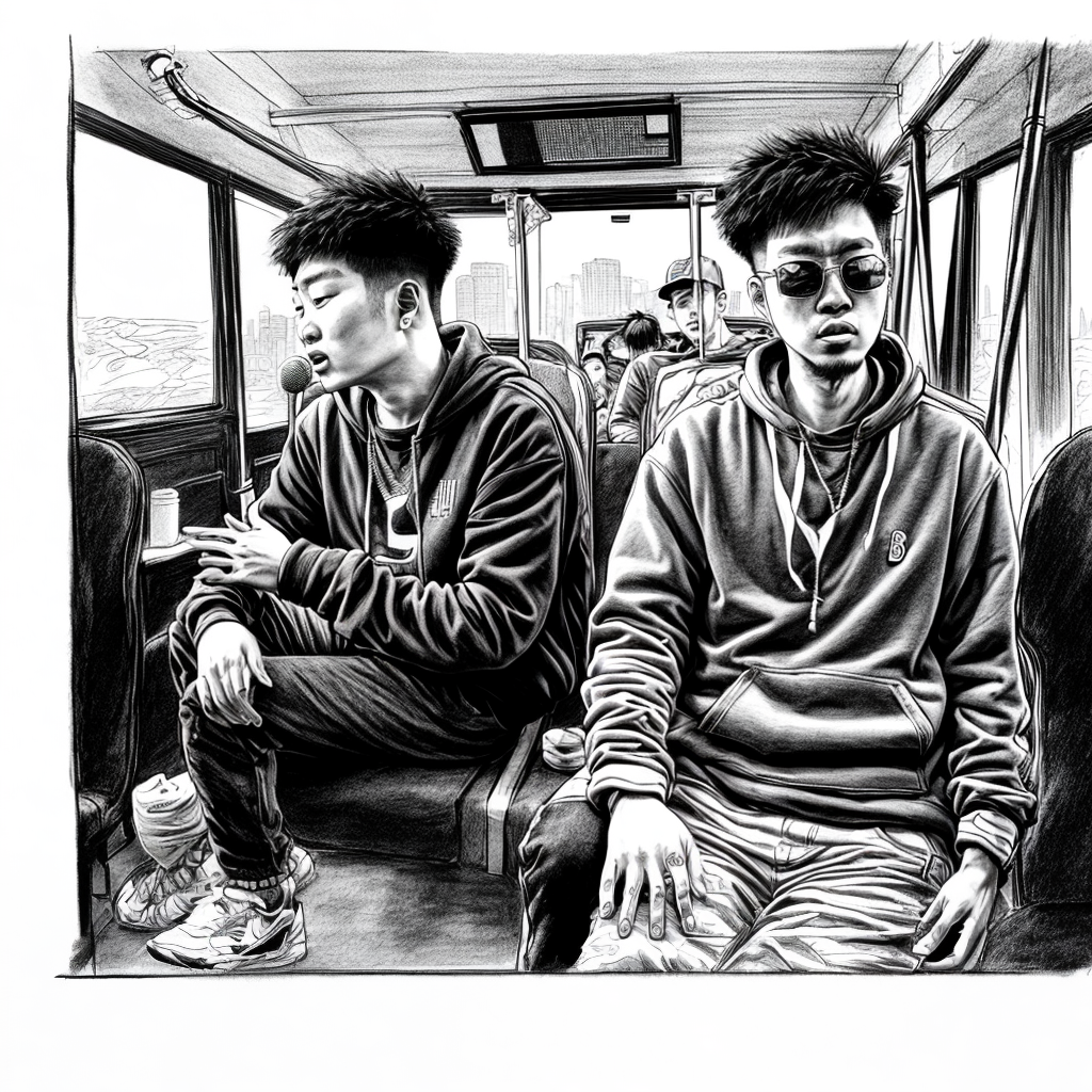 ASIAN HIP HOP RAPPER IS SINGING INSIDE THE BUS. COMIC BOOK. SKETCH ...