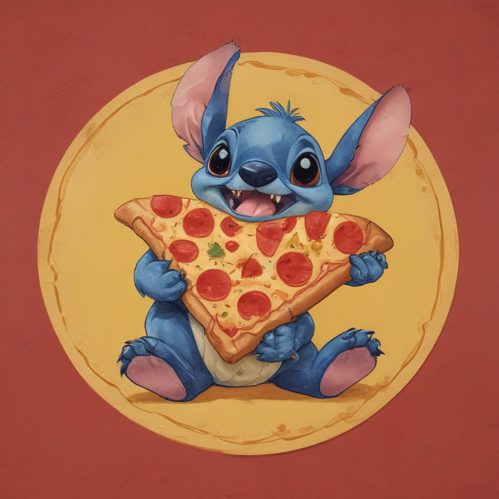 stich sitting and eat piece of big pizza logo, Disney painting style ...