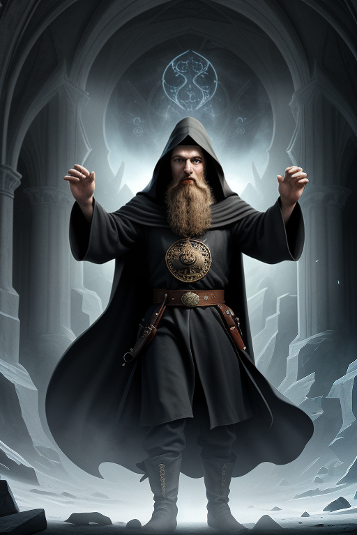 A Mysterious Sorcerer in a Dark Cloak Channeling Ancient Magic Energy