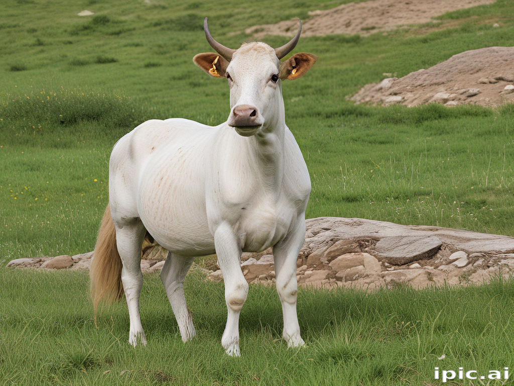 A Majestic White Cow Standing Gracefully in a Lush Green Meadow.