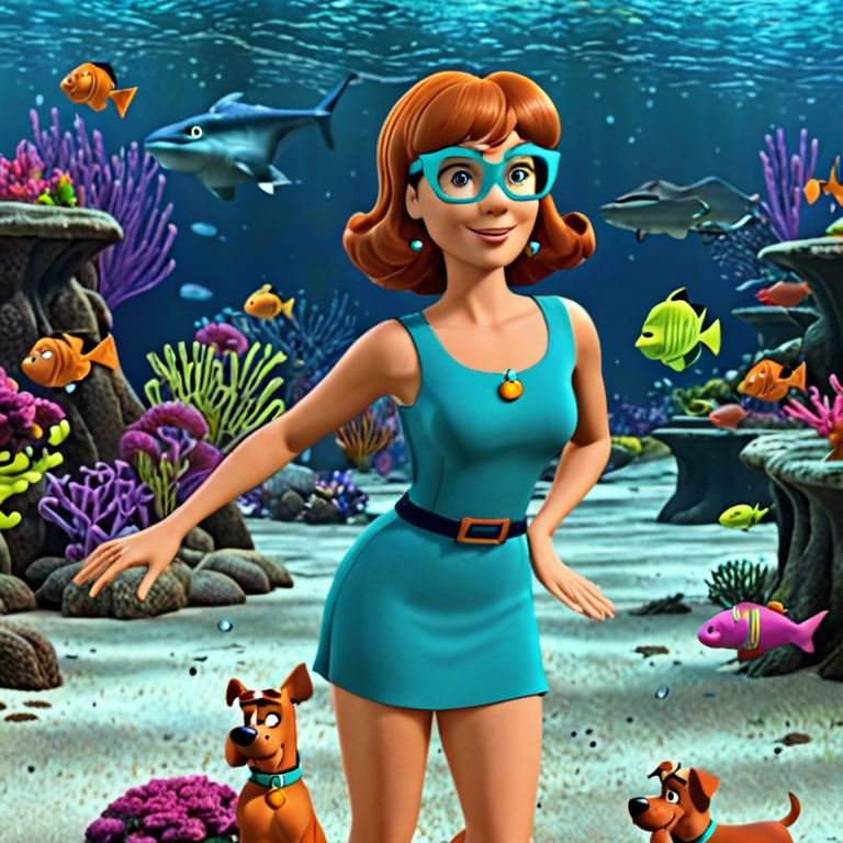 scooby doo cartoon Velma underwater frock swimming scene. 3d animation 4k