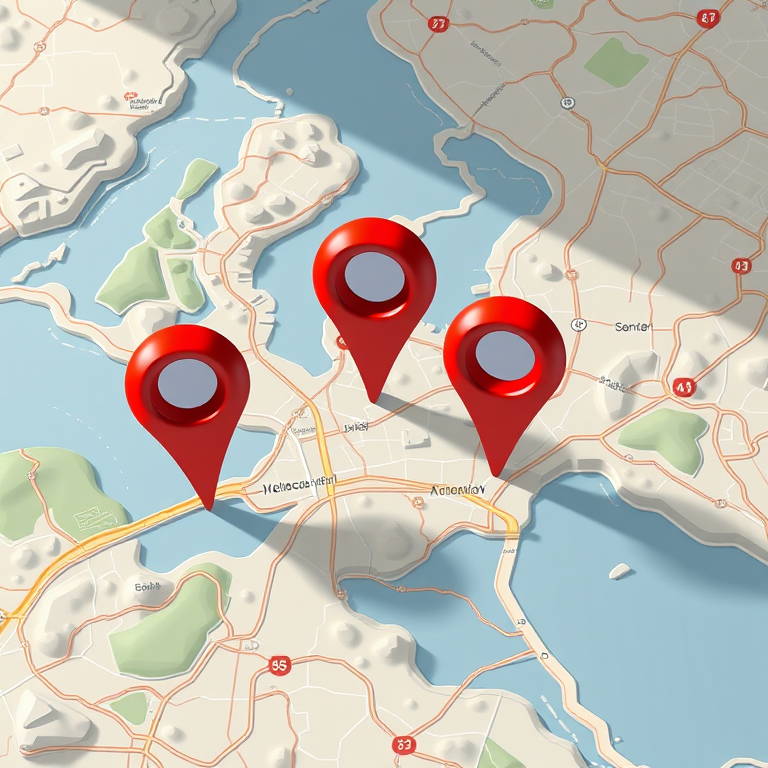 Three Distinct Locations Marked on a Detailed City Map with Pins