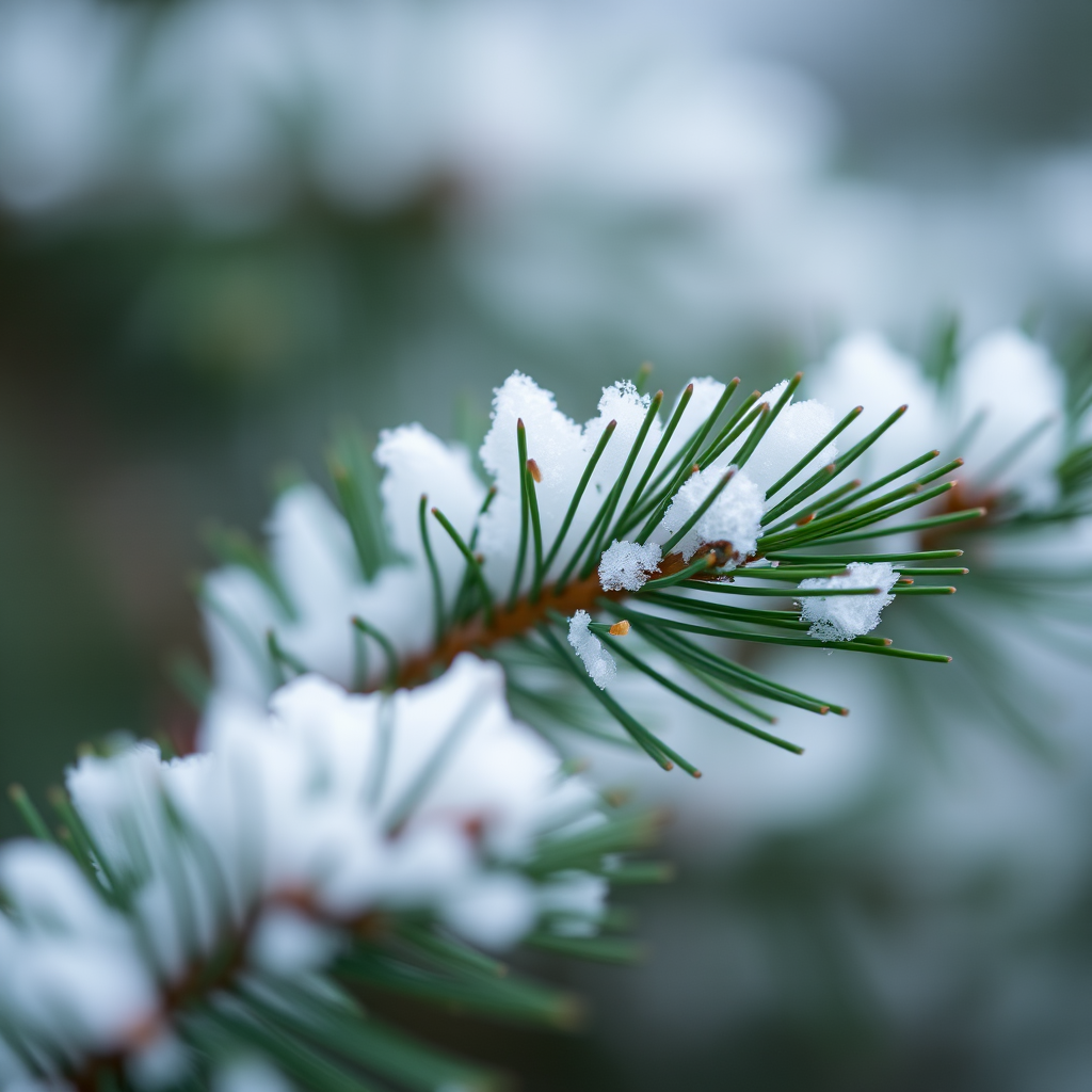 Delicate Snowflakes Resting on a Pine Tree Branch in Winter.