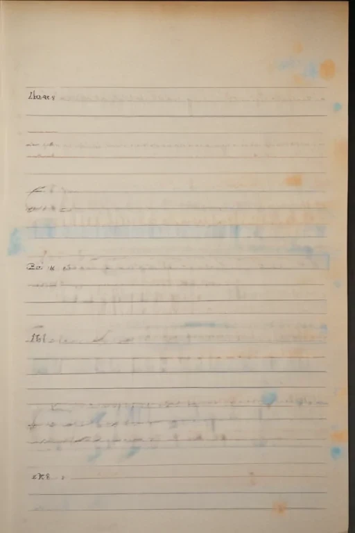 An Old, Faded Notebook Page with Handwritten Notes and Ink Stains