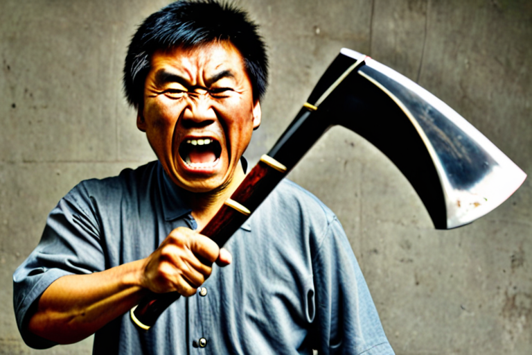 angry chinese man with axe