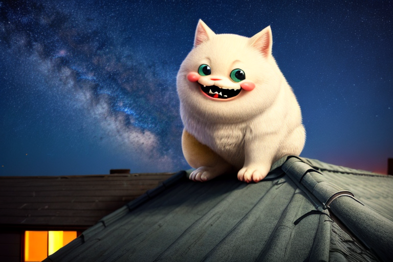 fluffy cute fat monster with teeth at night on a roof