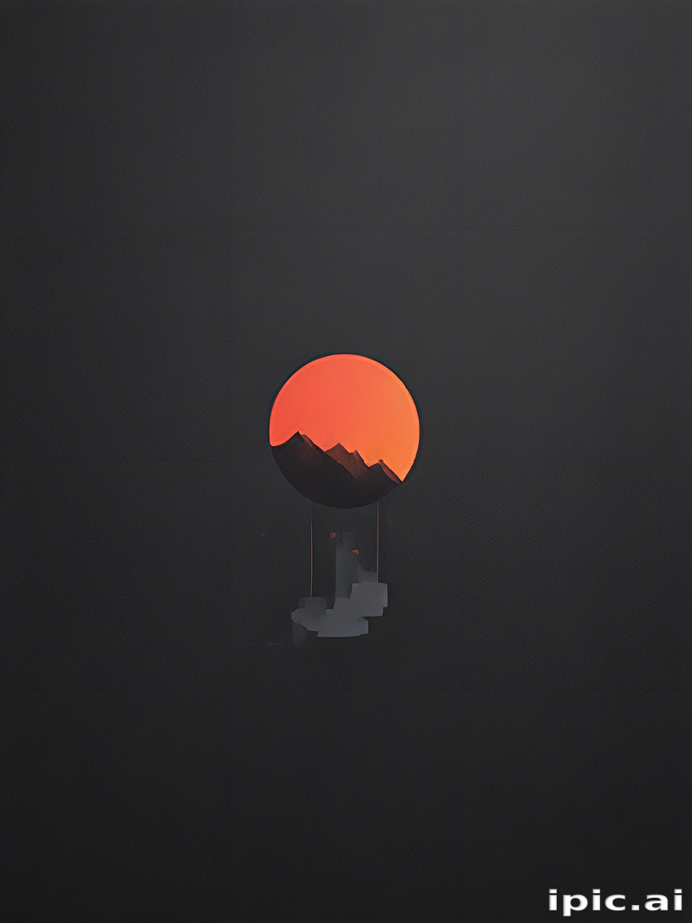 Abstract Landscape with a Circular Sunset and Silhouetted Mountains in ...