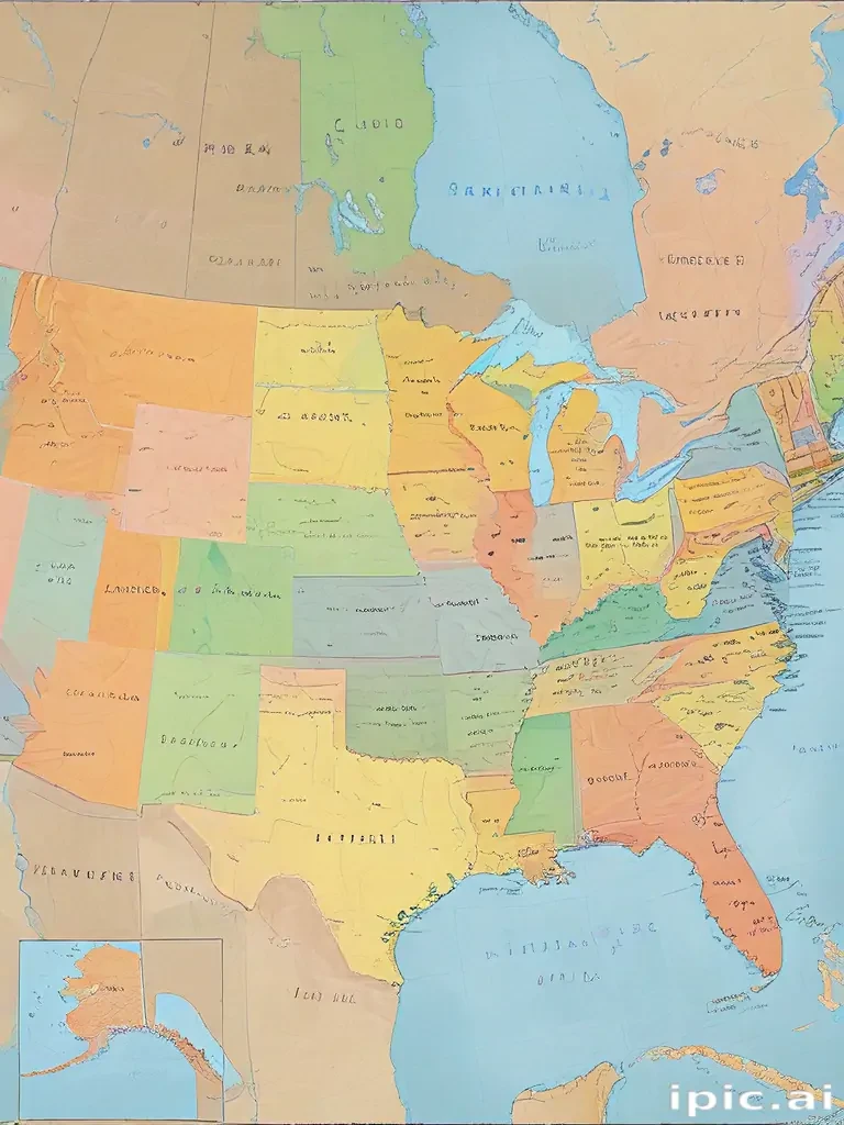 Colorful Map of the United States Highlighting States and Major Cities