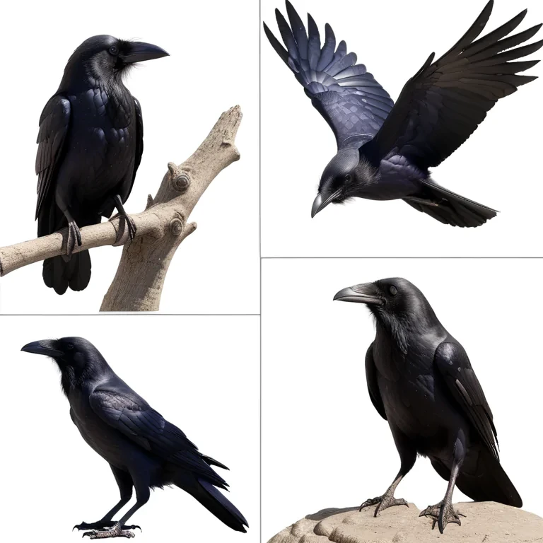 Four Distinct Views of a Majestic Black Raven Perched and in Flight