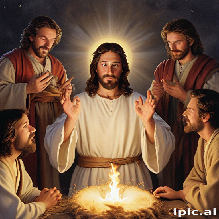 Jesus and His Disciples Gather Around a Sacred Flame in Unity.