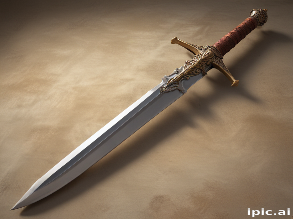 Intricately Designed Sword with Ornate Handle and Gleaming Blade Detail