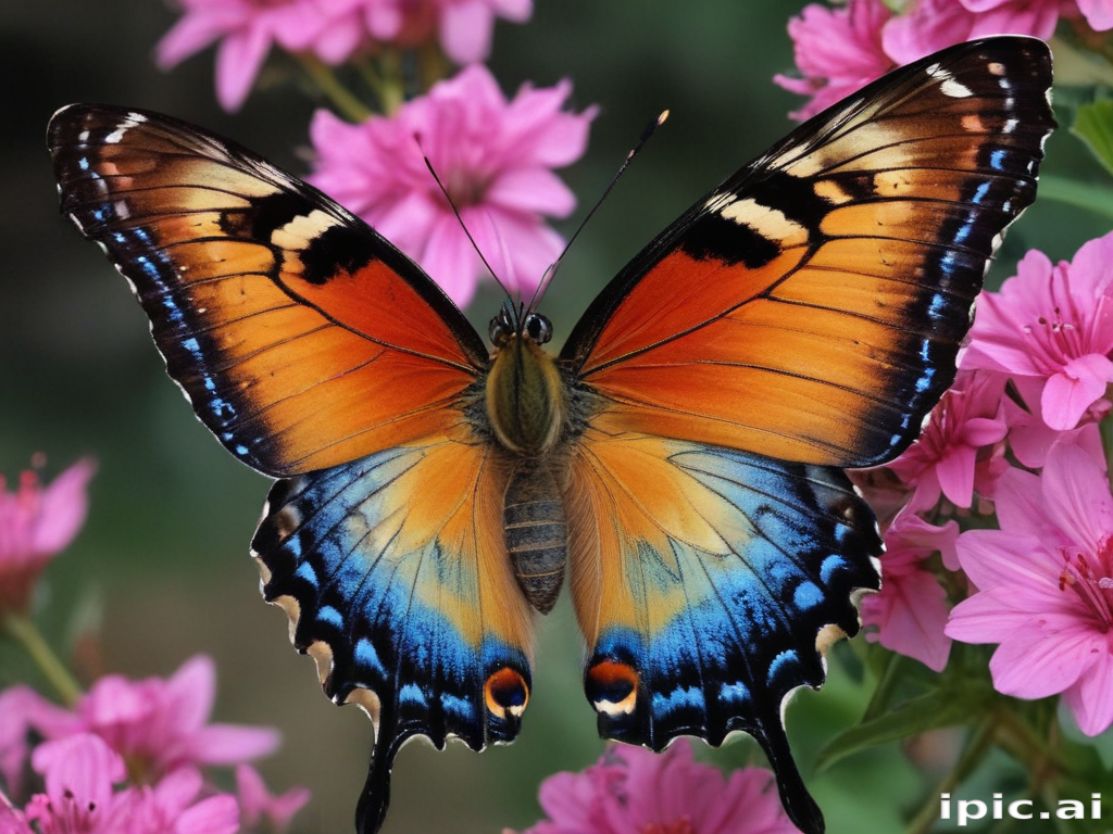 A Beautiful Butterfly Spreading Its Vibrant Wings Among Colorful Flowers.