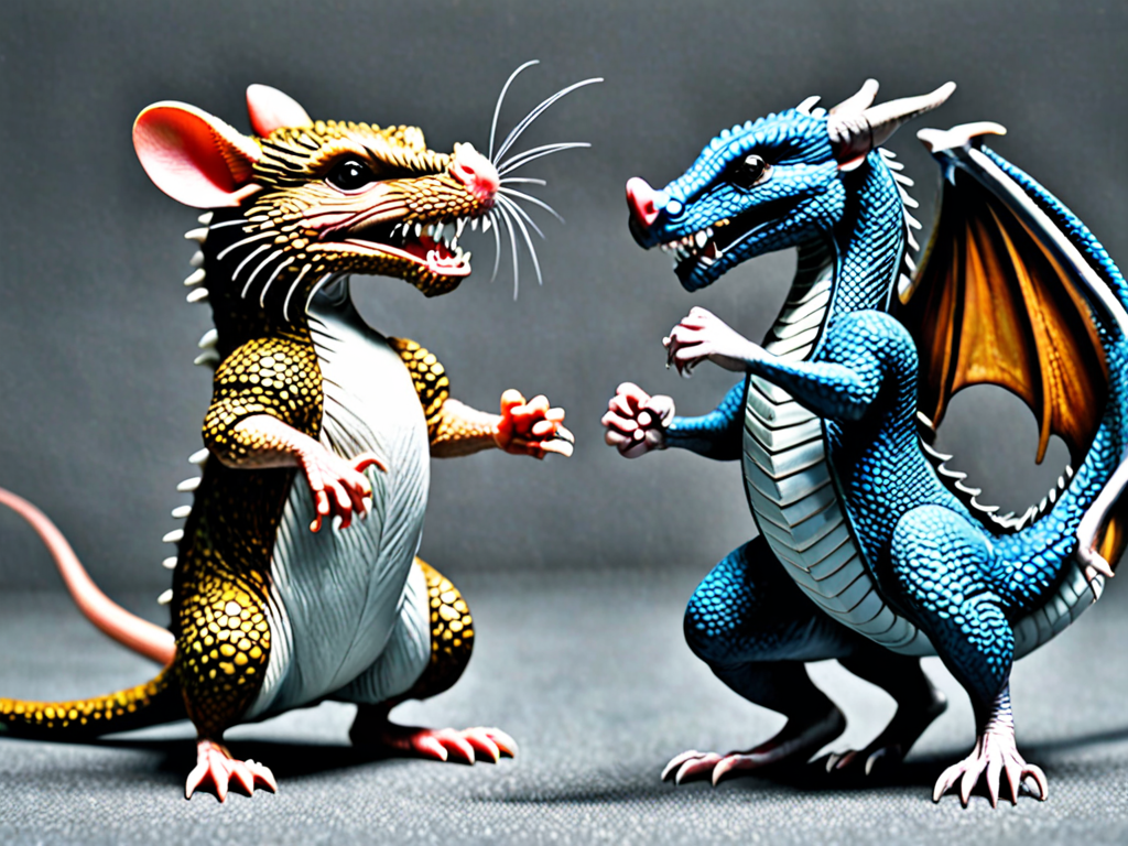 A mouse fighting a dragon. face off