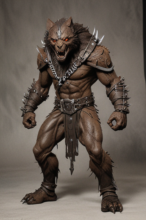 brown heavily armored werewolf with spiked chain whip