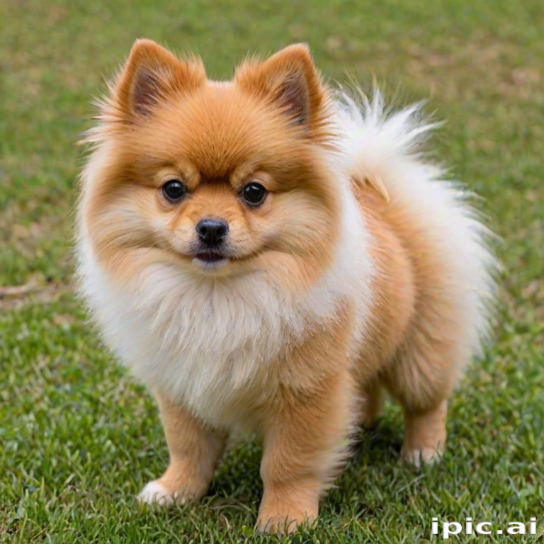 A Playful and Adorable Pomeranian Dog Standing on Green Grass.