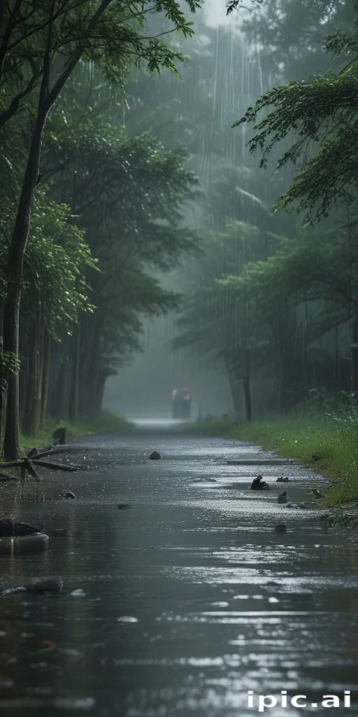 Serene Rainy Pathway Through Lush Green Trees on a Misty Day