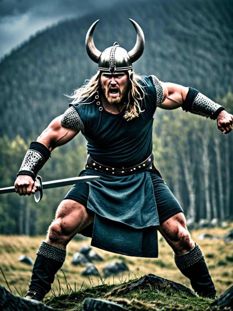 Dark Norwegian Viking in Fight, high-resolution photo