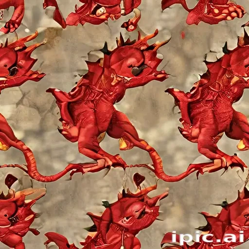 Intricate Pattern of Fiery Red Creatures with Spiky Features and Tails