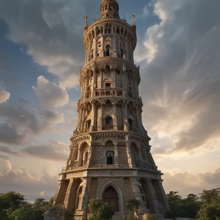 Majestic Tower Reaching for the Sky Against a Dramatic Sunset Background