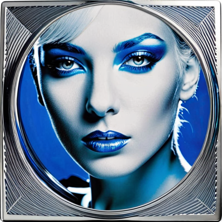 white and blue music cover album portrait, metallic colors