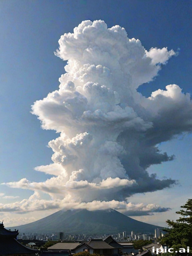 Majestic Eruption: Towering Volcanic Clouds Rise Above the Cityscape