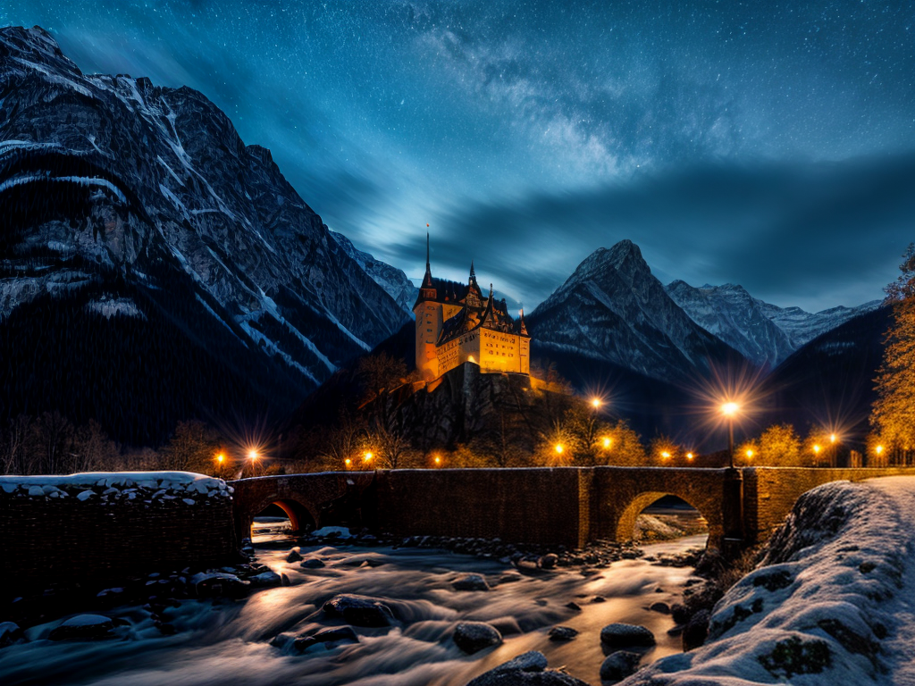 german castle, night sky, snow, alps, rocky stream, stone bridge ...
