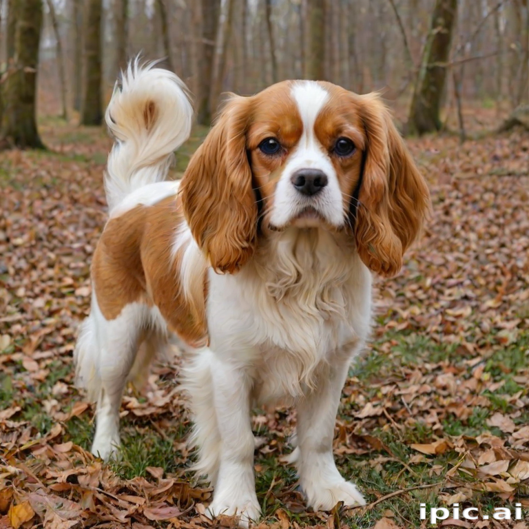 A Beautiful Cavalier King Charles Spaniel Standing Amidst Autumn Leaves.