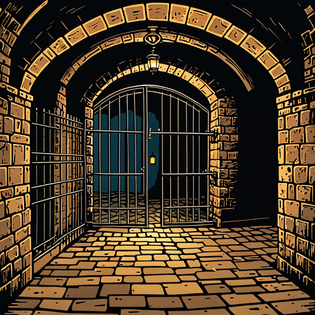 prison cell in the basement of a medieval castle. Night. Flat colors.