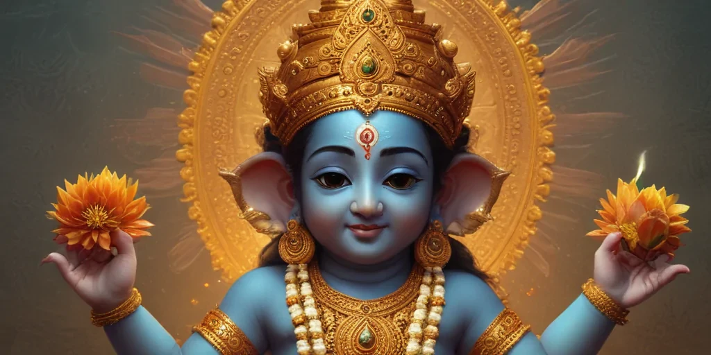 Divine Representation of Lord Krishna with Flowers and Radiant Aura