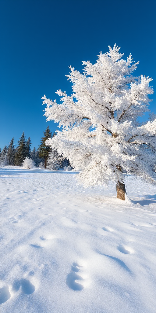 Majestic Frost-Covered Tree Standing Alone in a Winter Wonderland Scene