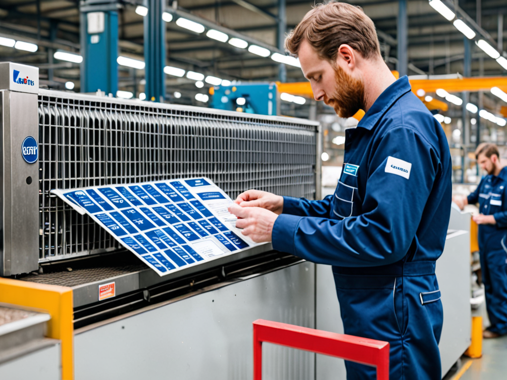 person checking label on factory floor uniform with bundy refrigeration ...