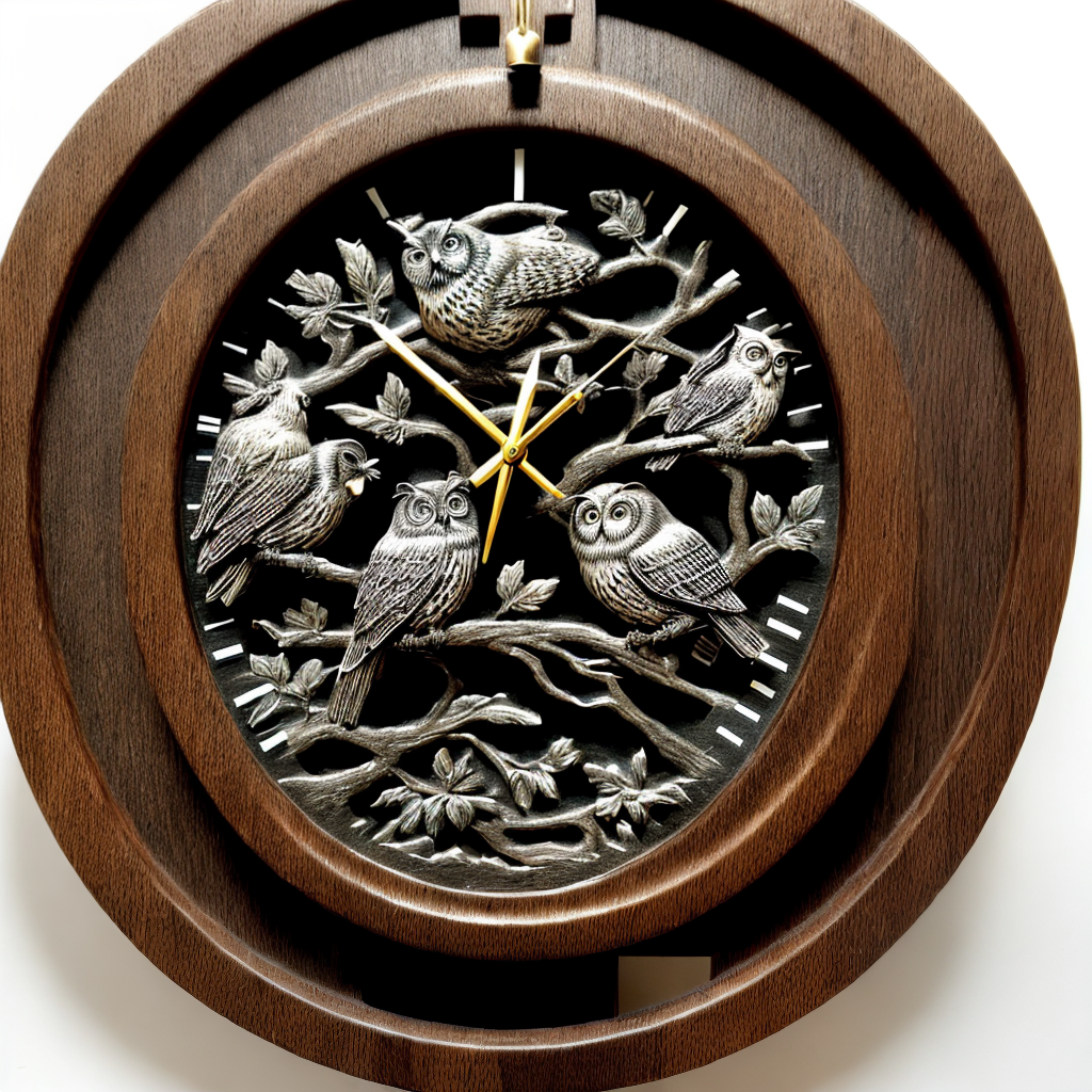 black painted wooden cuckoo clock with oak leaves and owls carvings