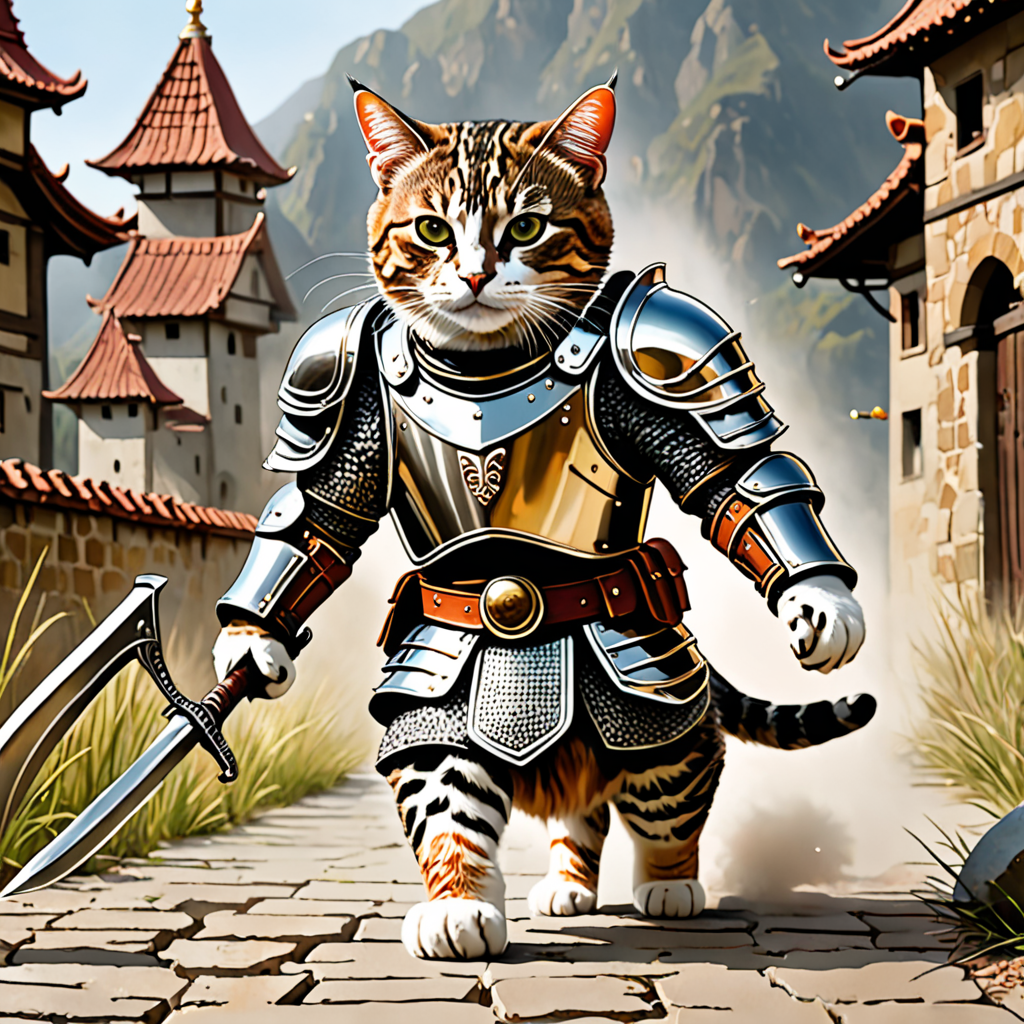 a masterpiece illustration of a cat equipping with heavy armor outfit ...