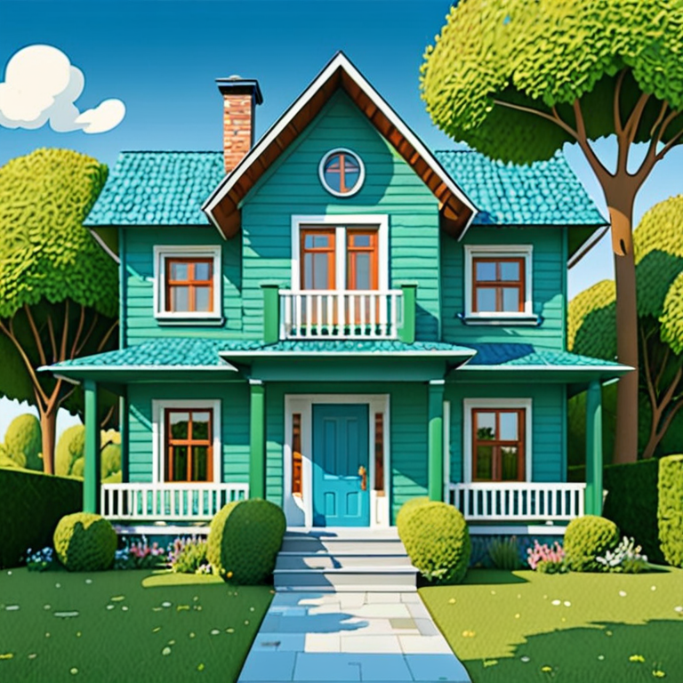 A blue-green themed cartoon artistic house